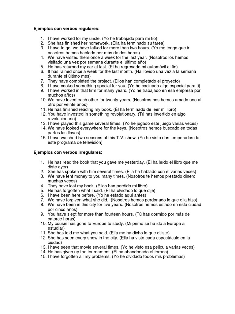 Presente Perfecto Ejemplos | PDF