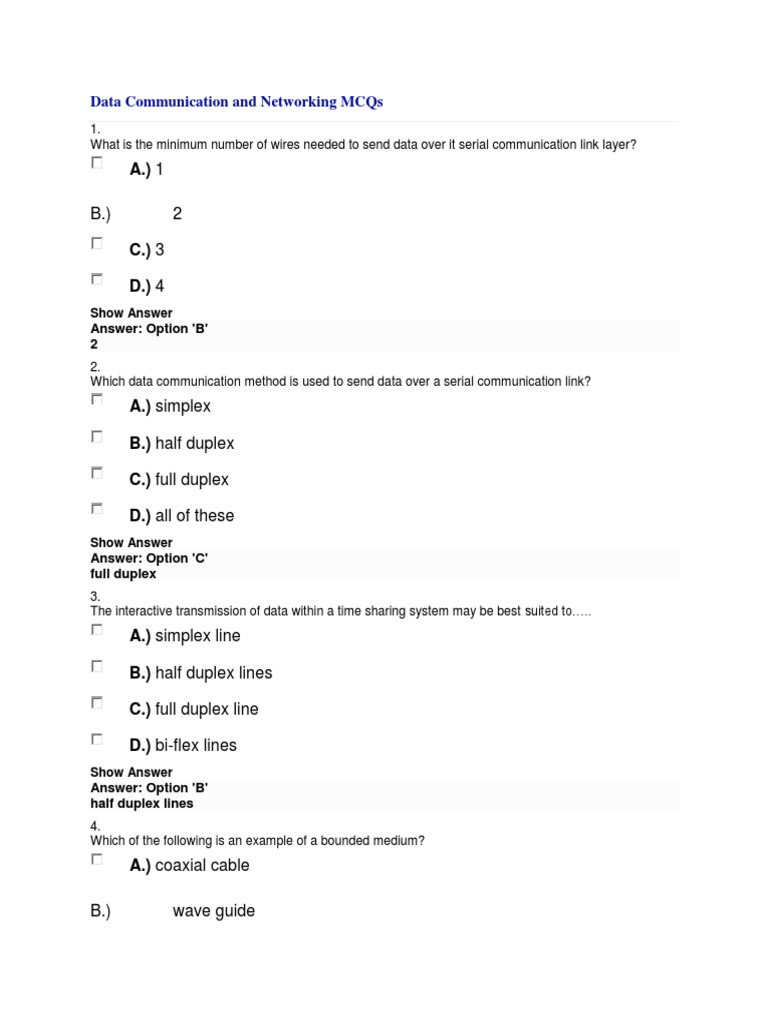 Data Communication And Networking Mcqs Pdf Transmission Medium Telecommunication