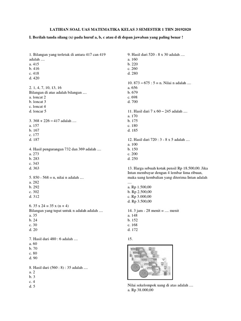 Latihan Soal Uas Matematika Kelas 3 Semester 1 THN 20192020 | PDF