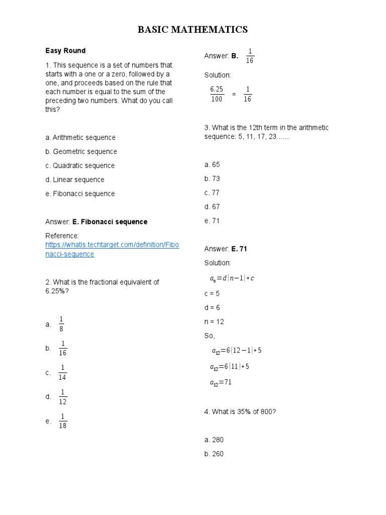 Basic Mathematics Sample Questions and Answers | PDF | Area | Pi