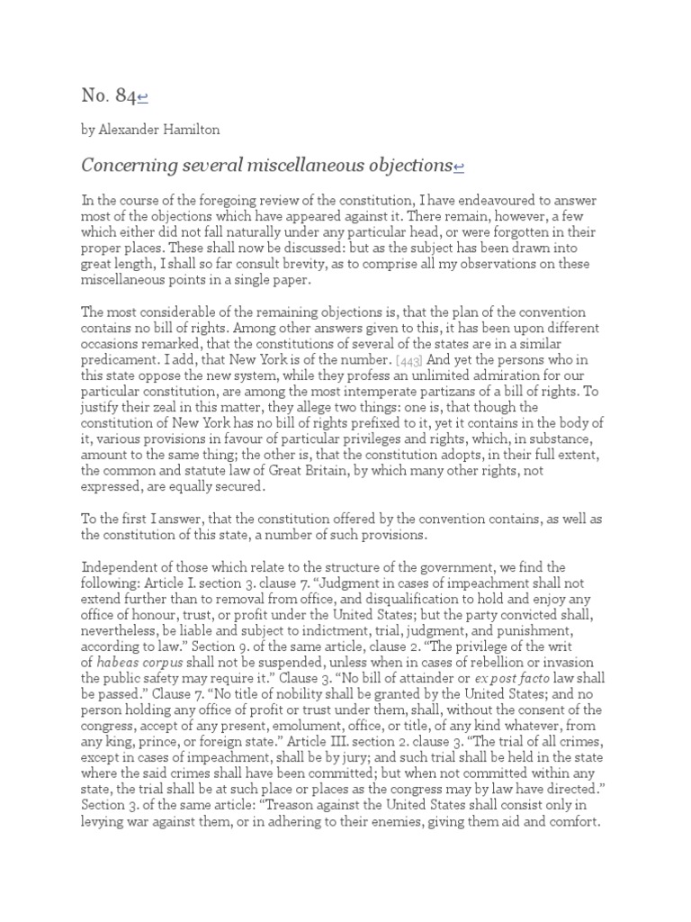 The Federalist Papers - No. 84 | PDF | Article One Of The United States ...
