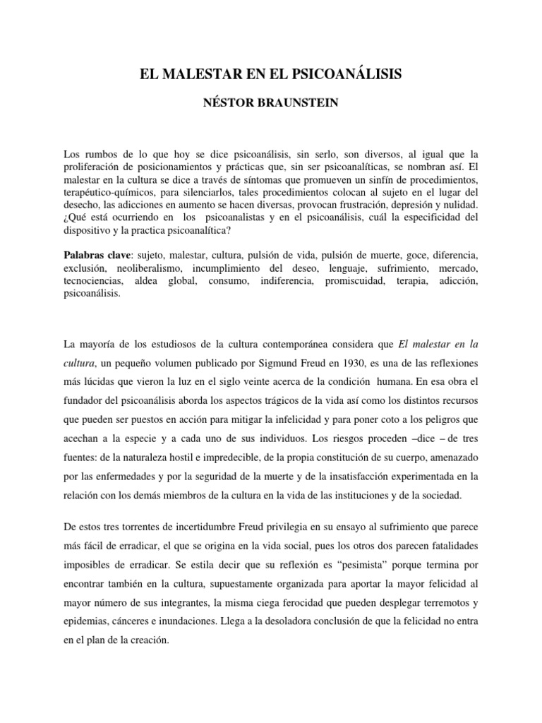 Néstor Braunstein - El Malestar en Psicoanálisis PDF | PDF | Psicoanálisis | Sigmund Freud