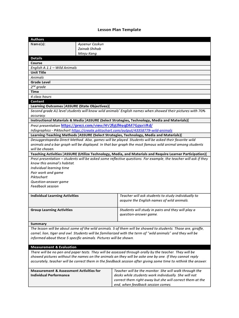 Wild Animals Lesson Plan for Grade 2 | PDF | Lesson Plan | Educational ...