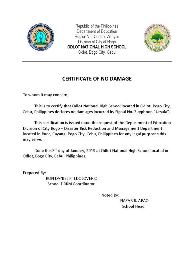 Certificate of No Damage