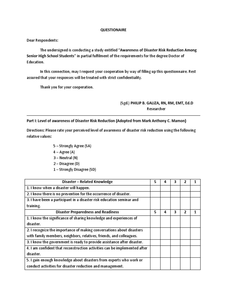 QUESTIONAIRE Basic Resaerch | PDF | Disaster Risk Reduction | Disaster ...