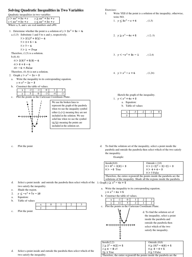 Handout Solving Quadratic Inequalities in Two Variables | PDF ...