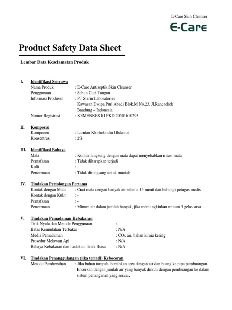MSDS E-Care Skin Cleanser - New | PDF
