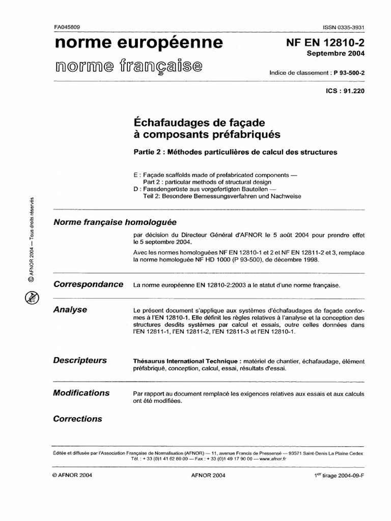 EN 12810 2 Echafaudages de Facade A Composants Prefabriques Partie 2 ...