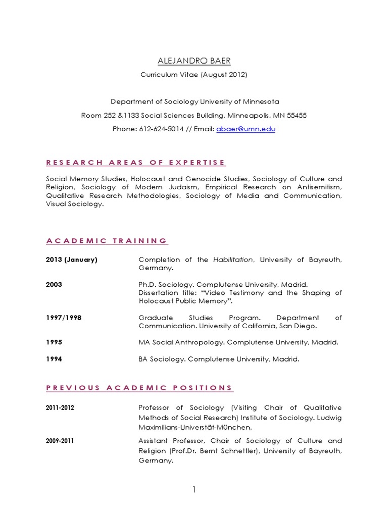 CV Alejandro Baer Aug2012ENGL - Sociology-1 | PDF | Social Science ...