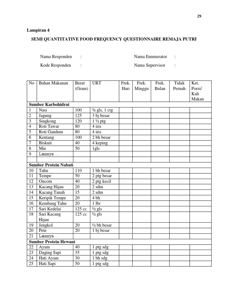 Semi Quantitative Food Frequency Questionnaire | PDF
