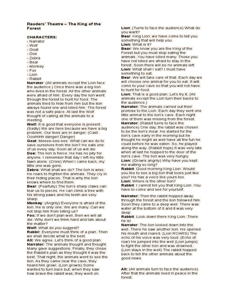 Readers Theater - KING OF THE FOREST | PDF | Lion | Narration