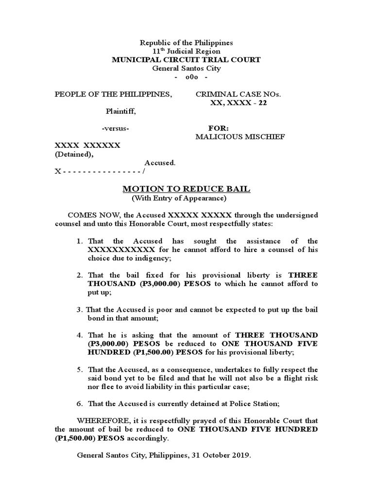 Motion To Reduce Bond With Entry of Appearance - SAMPLE SCRIBD 1 | PDF | Prosecutor | Bail