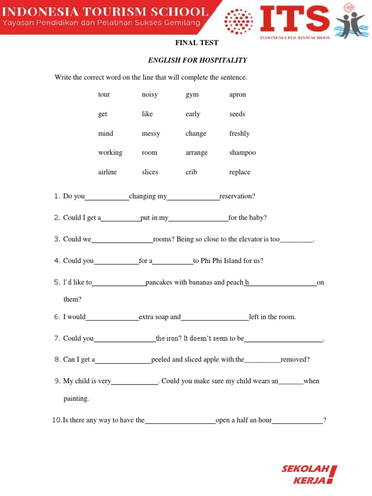 Final Test: English for Hospitality | PDF | Language Arts & Discipline