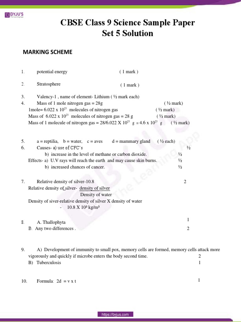 CBSE Class 9 Science Sample Paper Set 5 Solution | PDF | Buoyancy ...