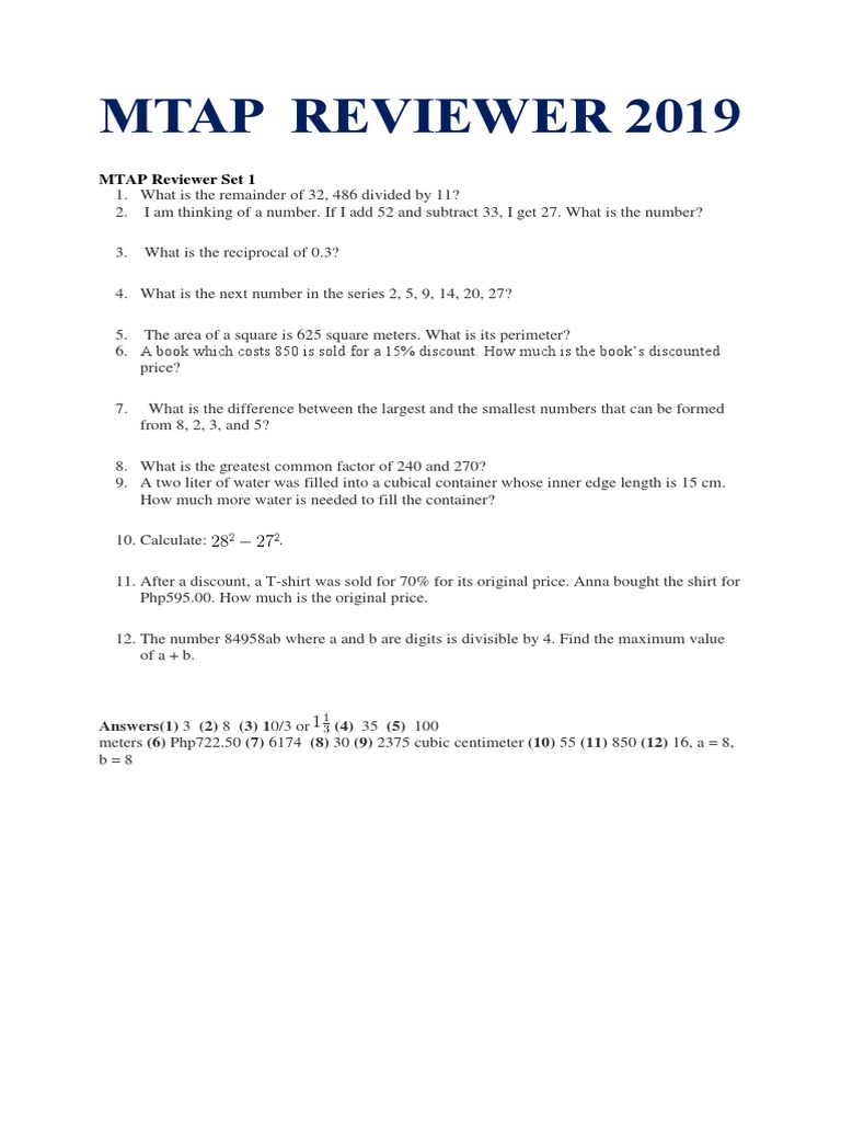 Grade 5-6 MTAP Reviewer Set 1-9 2019 | PDF | Area | Triangle