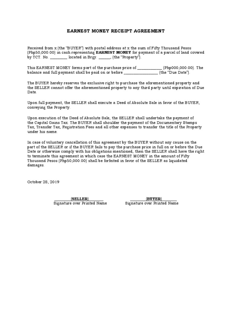 Earnest Money Receipt Agreement | PDF