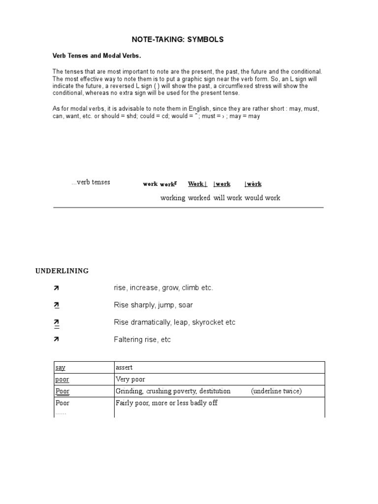 Note Taking Symbols | PDF | Grammatical Tense | Verb