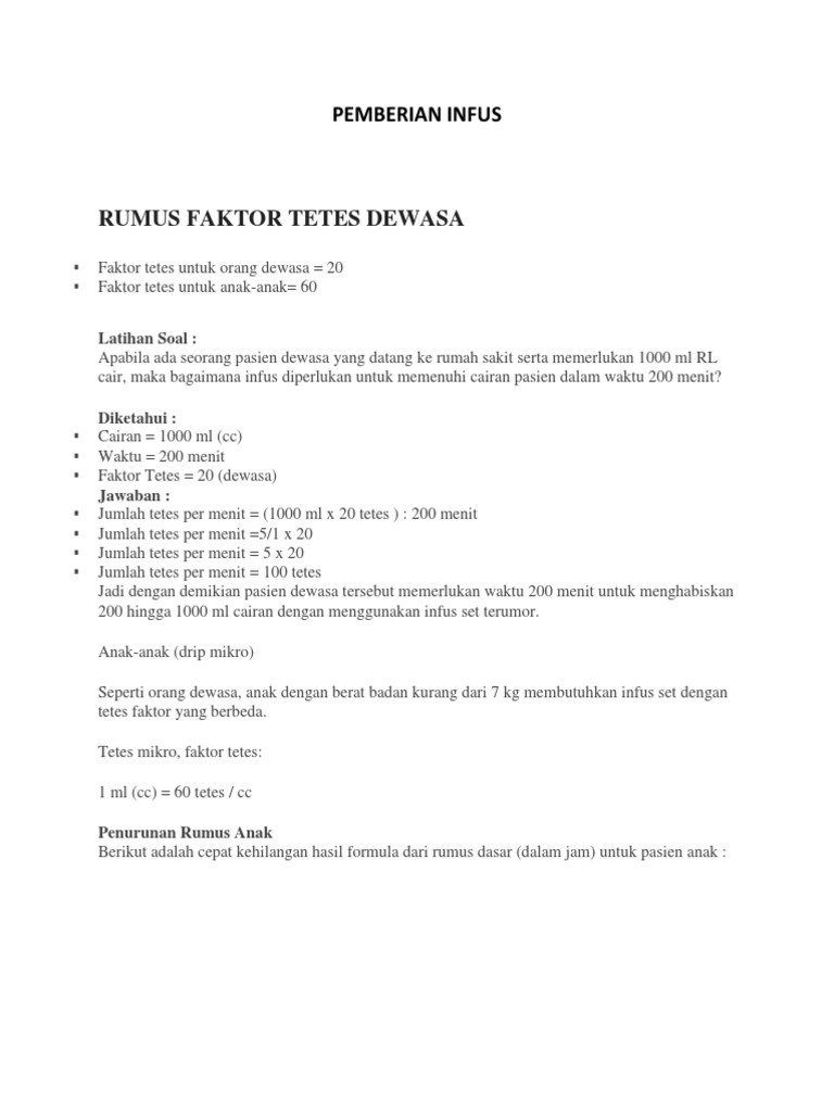 Rumus Perhitungan Infus Dan Contoh Soal PDF | PDF