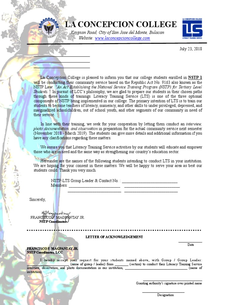 NSTP 1 Community Letter of Request | PDF | Literacy | Cognition