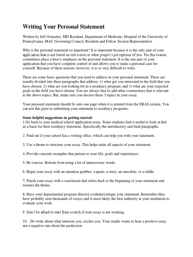 Writing Your Personal Statement | PDF | Residency (Medicine) | Essays