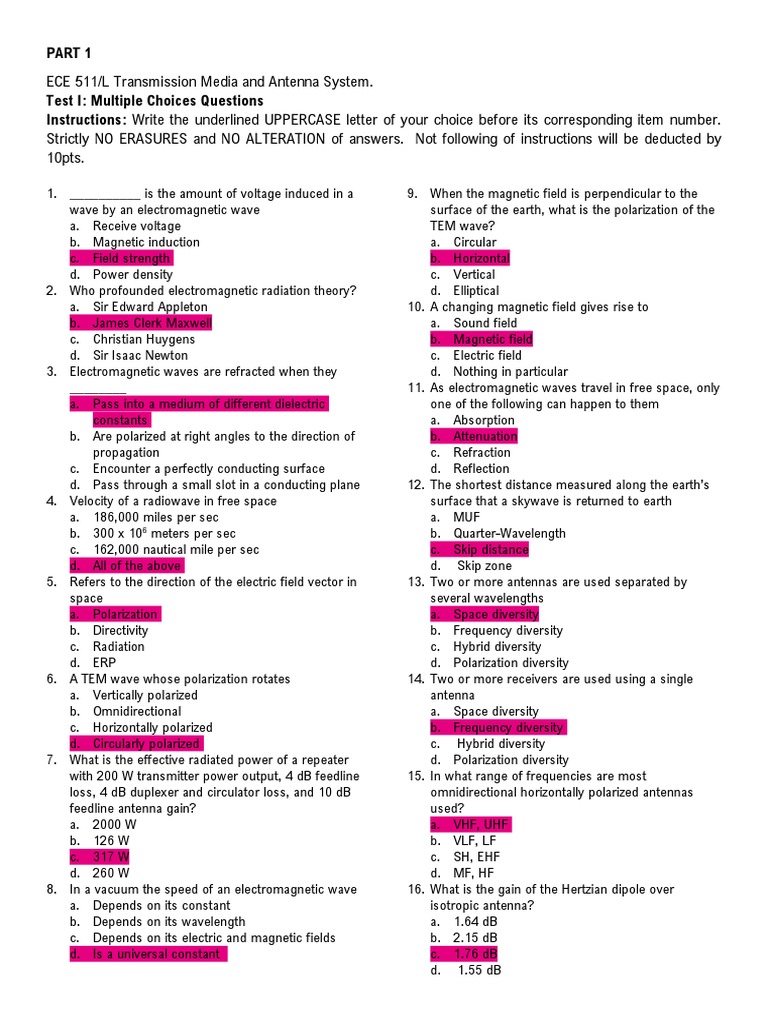 3rd Exam Part1 MCQ Answers | PDF | Antenna (Radio) | Waves