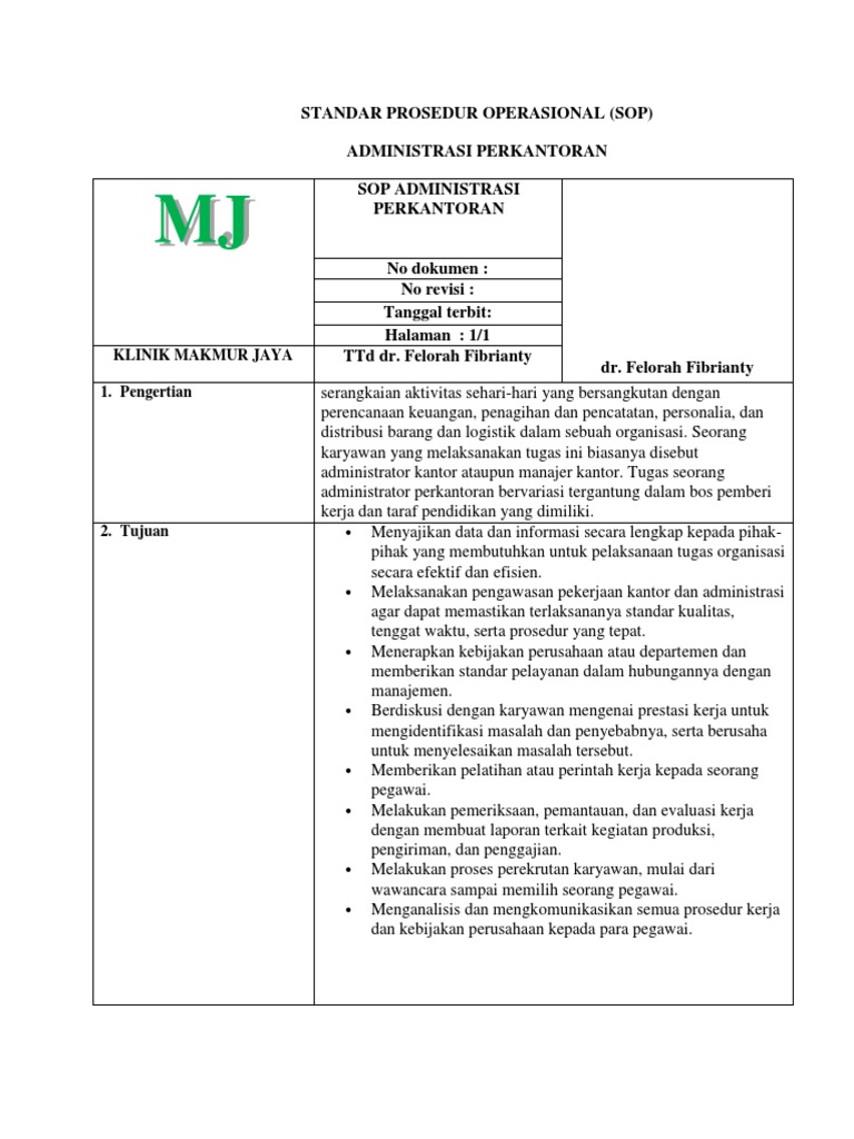 Contoh SOP Administrasi Perkantoran | PDF