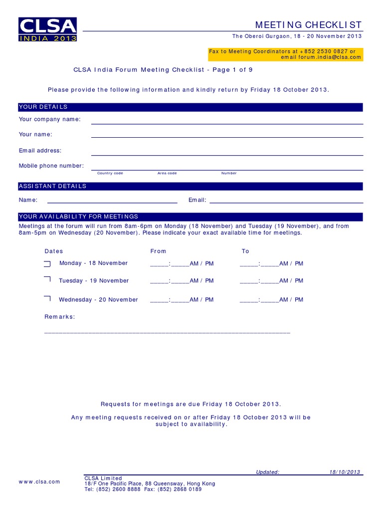 Meeting Checklist | PDF | Chief Executive Officer | Chief Financial Officer