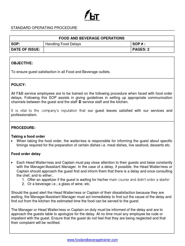Managing Food Order Delays SOP | PDF | Waiting Staff | Foods