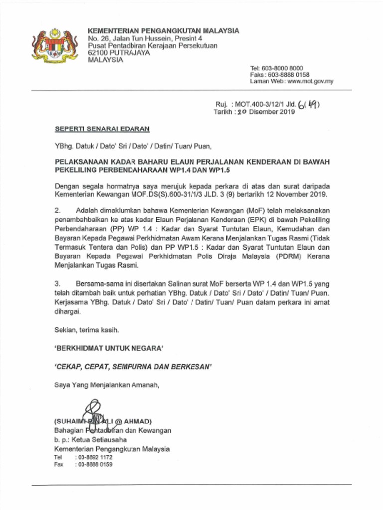 Surat Edaran Pelaksanaan Kadar Baharu Pp Wp1 4 Dan Wp1 5 Pdf