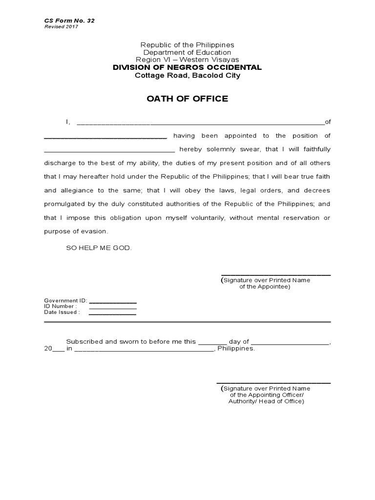 CS Form No. 32 Oath of Office 1 | PDF