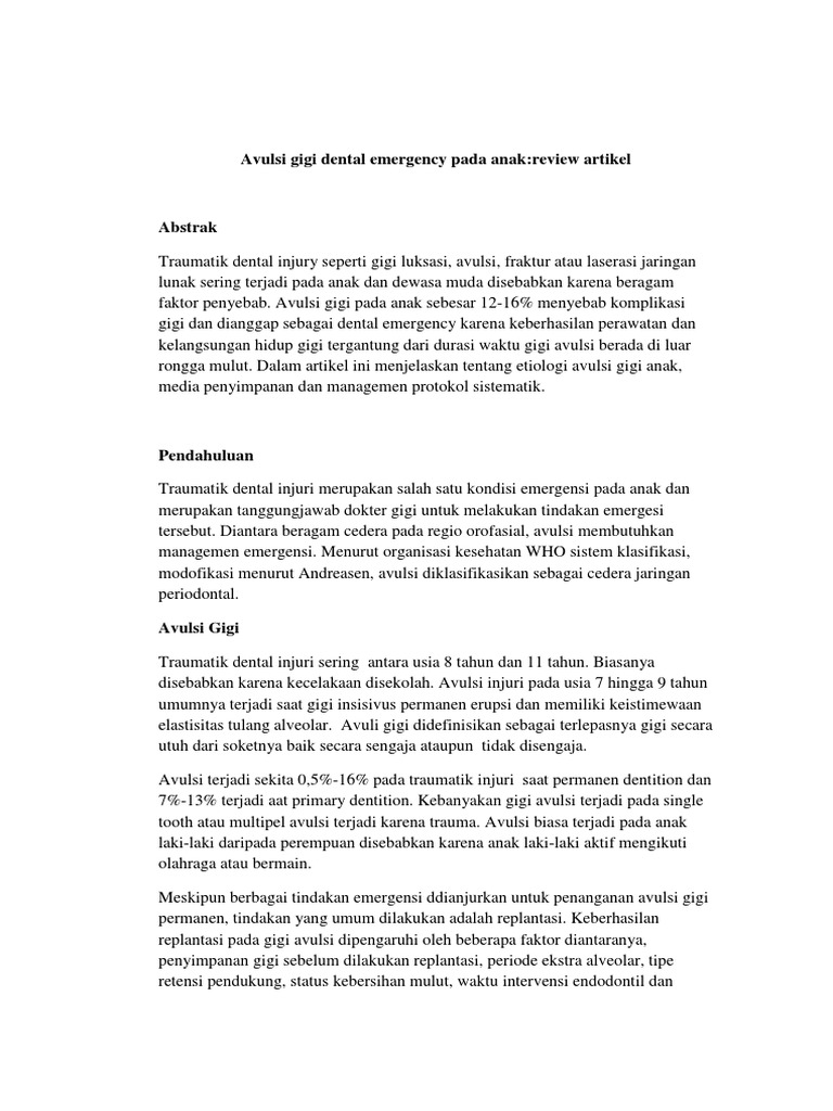 Avulsi Gigi Dental Emergency Pada Anak | PDF