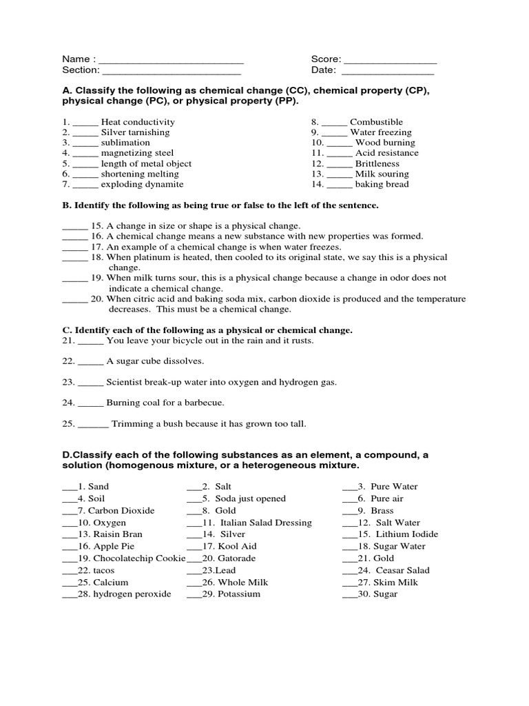 Physical and Chemical Properties Worksheet | PDF | Chemical Substances ...