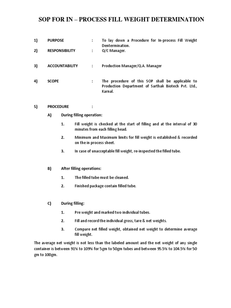 Sop For in - Process Fill Weight Determination | PDF