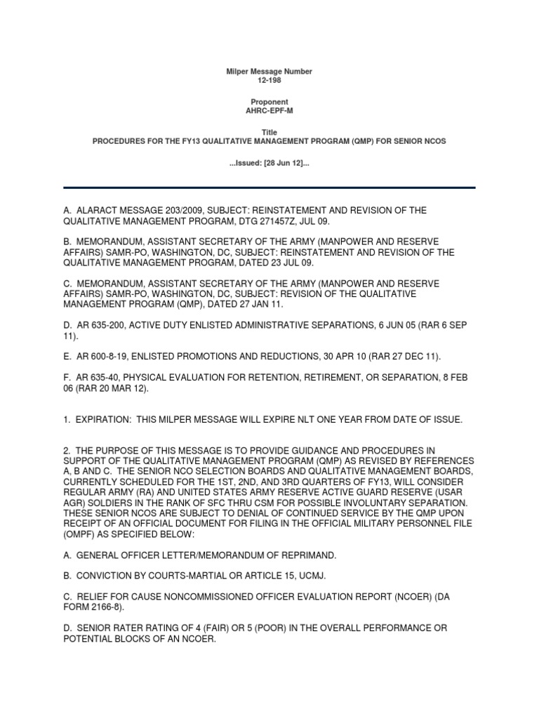 Milper Message Number 12-198 FY13 QMP Procedures | PDF | Military ...