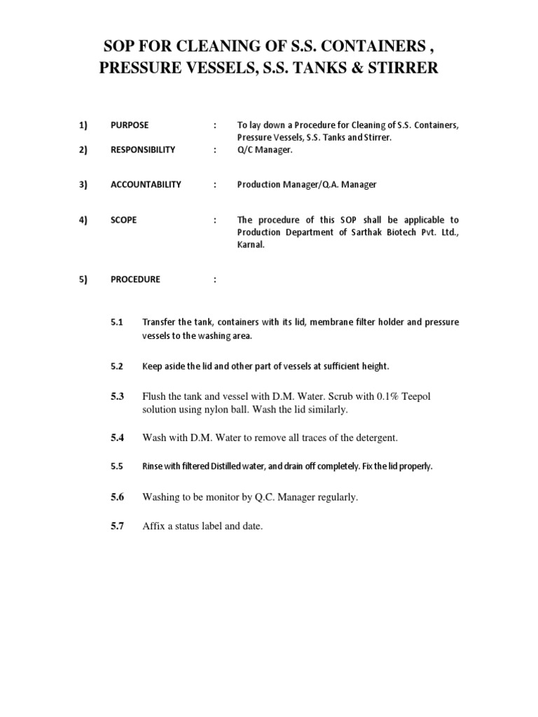 Sop For Cleaning of S.S. Containers | PDF