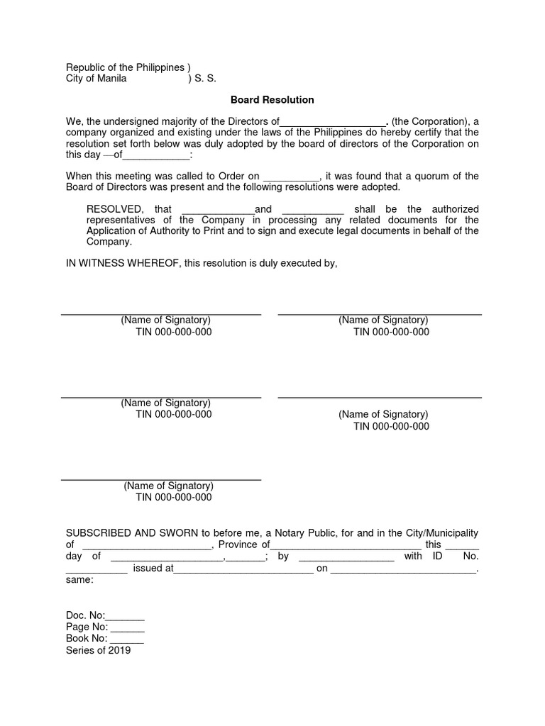 Board Resolution - Authorized Representative | PDF