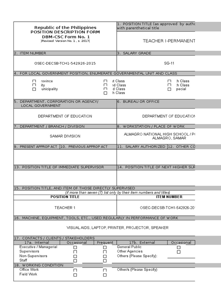 DBM-CSC Form No. 1 Position Description Forms | PDF | Teaching | Teachers