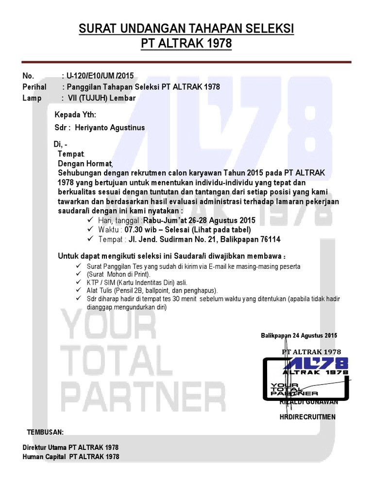 Surat Undangan Tahapan Seleksi PT Altrak 1978 | PDF