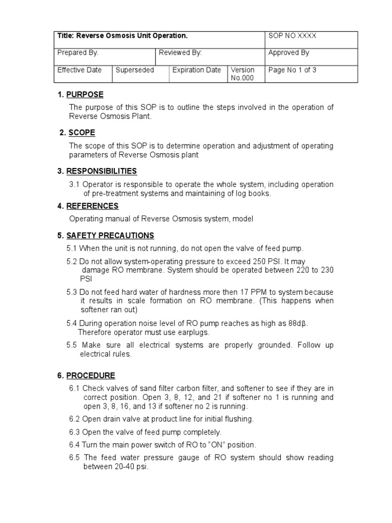 SOP For RO PLANT | Chemical Engineering | Water