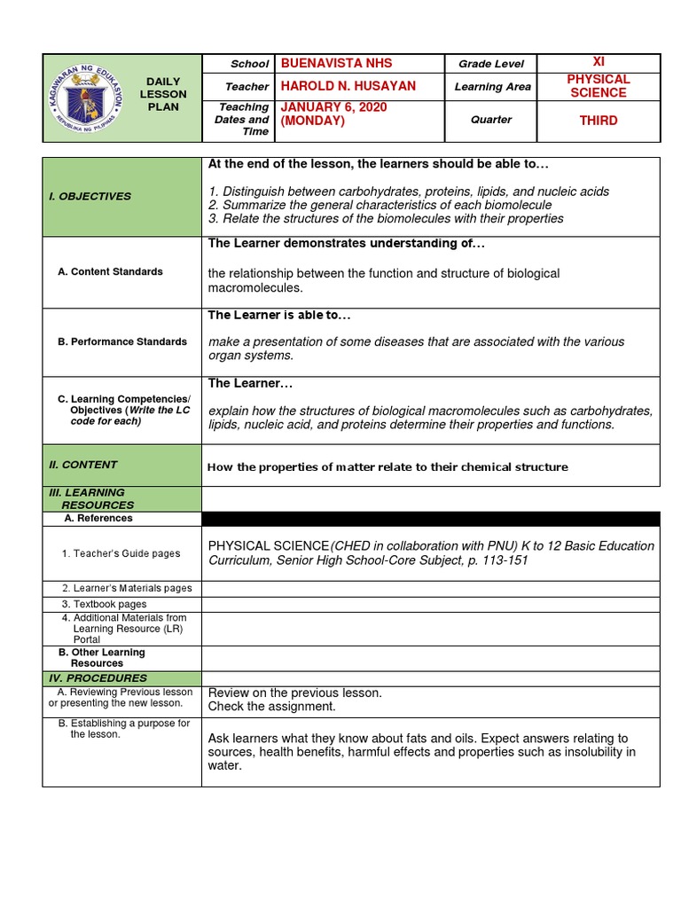 Daily Lesson Plan Grade 11 Lipids | PDF | Dna | Rna