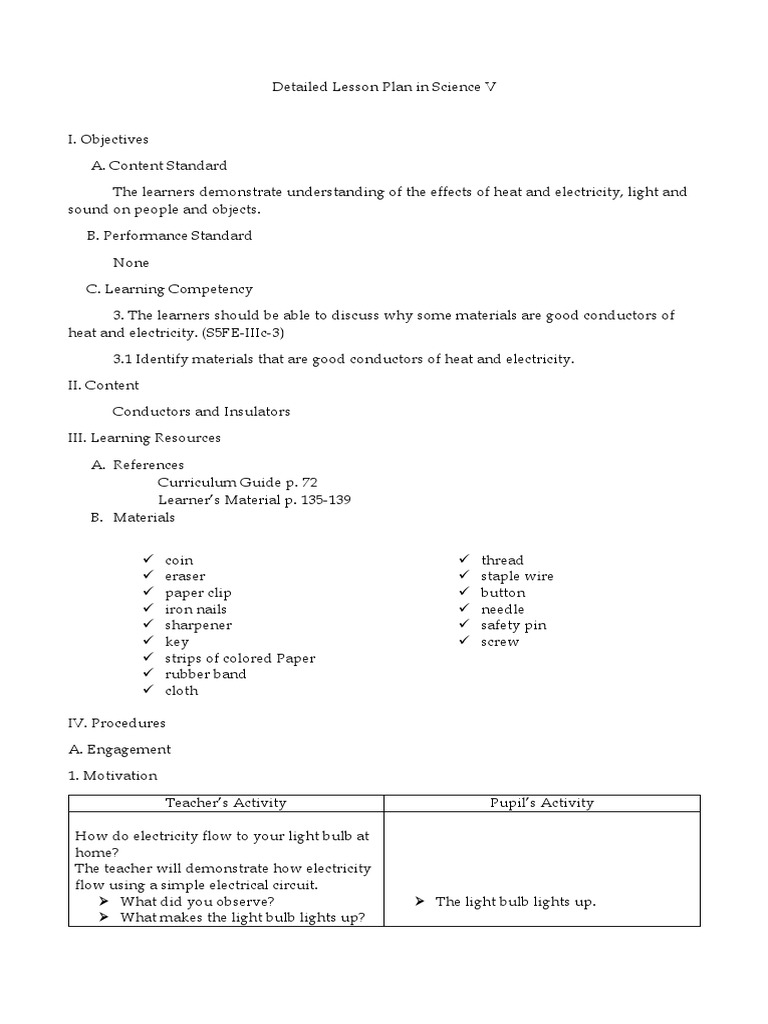 Detailed Lesson Plan in Science V | Download Free PDF | Electrical Conductor | Electricity