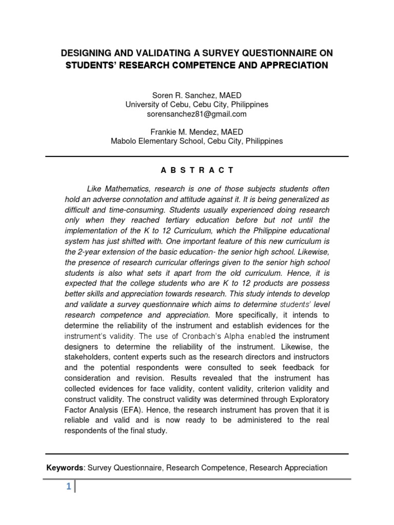 DESIGNING AND VALIDATING A SURVEY QUESTIONNAIRE ON STUDENTS Research ...