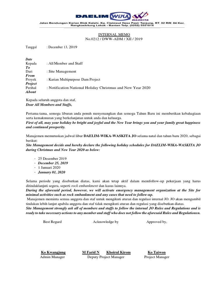 Internal Memo Libur Natal Dan Tahun Baru 201 | PDF