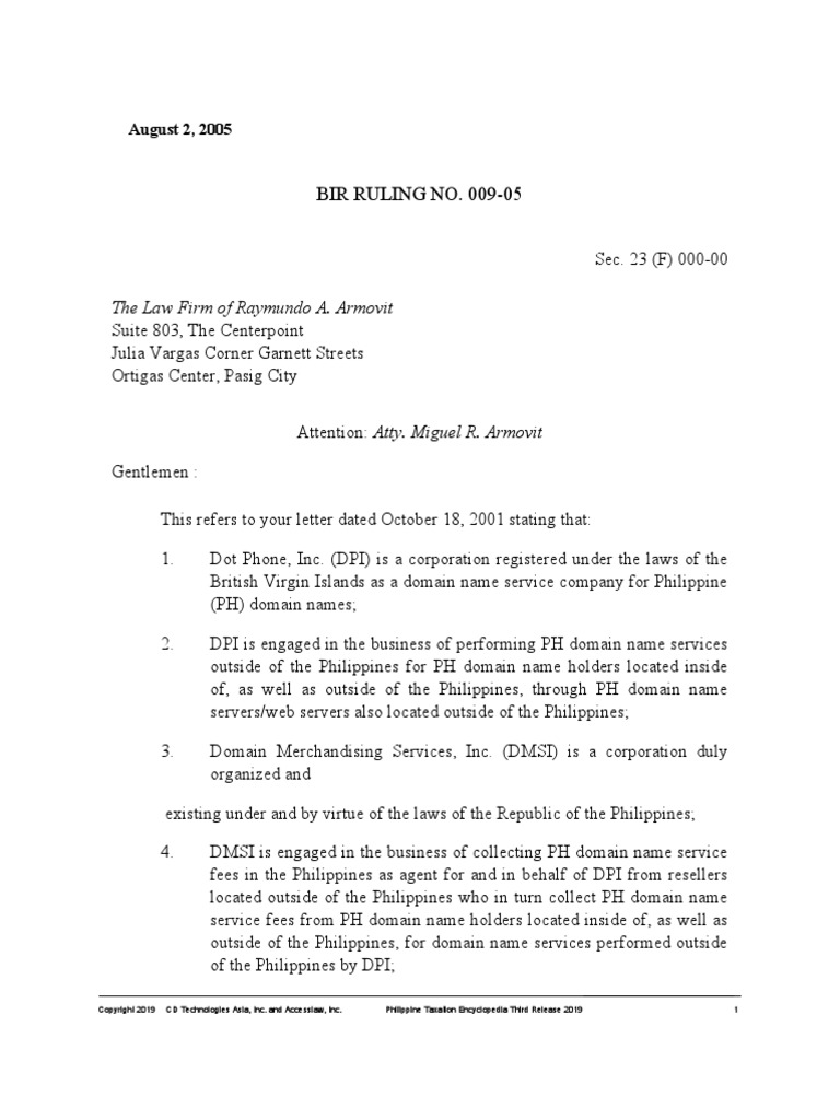 BIR RUling No. 009-05 | PDF | Domain Name | Domain Name System