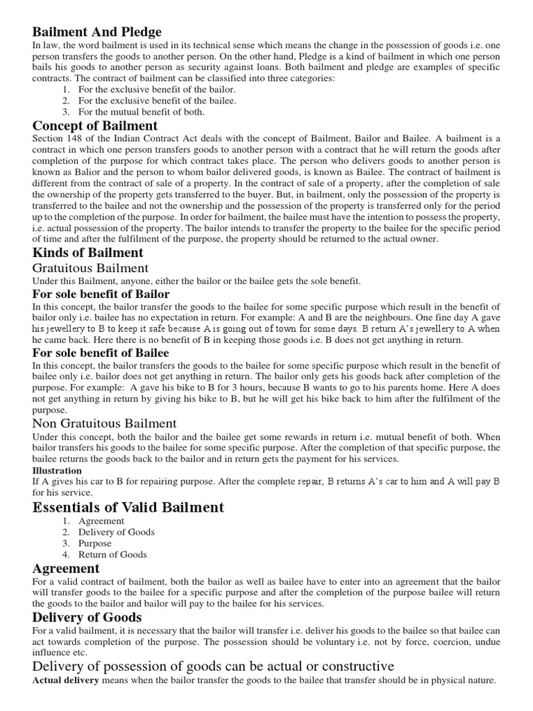 Bailment and Pledge | PDF | Possession (Law) | Damages