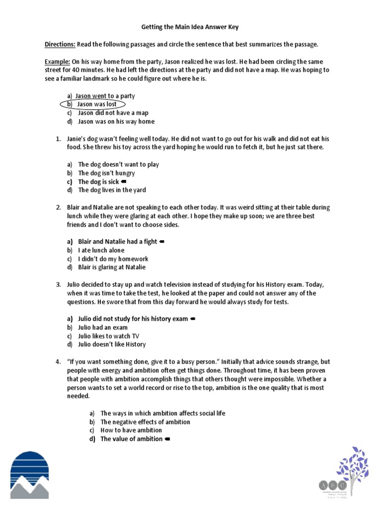 Getting The Main Idea Answer Key | PDF | Pet | Cats