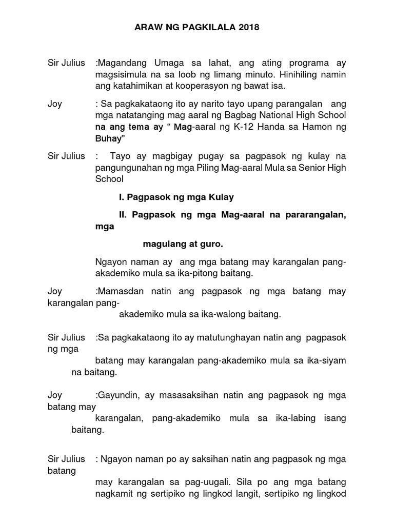 Joy Araw NG Pagkilala 2017 Emcee Script | PDF