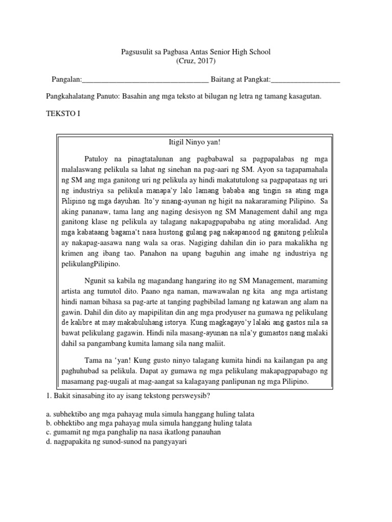 Pagbasa SHS Test Revised | PDF