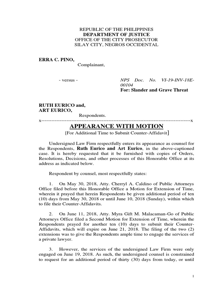 Motion For Extension of Time To Submit Counter-Affidavit (Eurico) | Download Free PDF ...