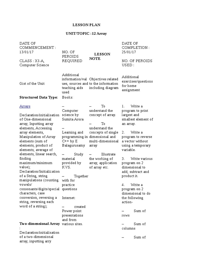 Lesson Plan Array | PDF | Array Data Structure | Algorithms And Data Structures